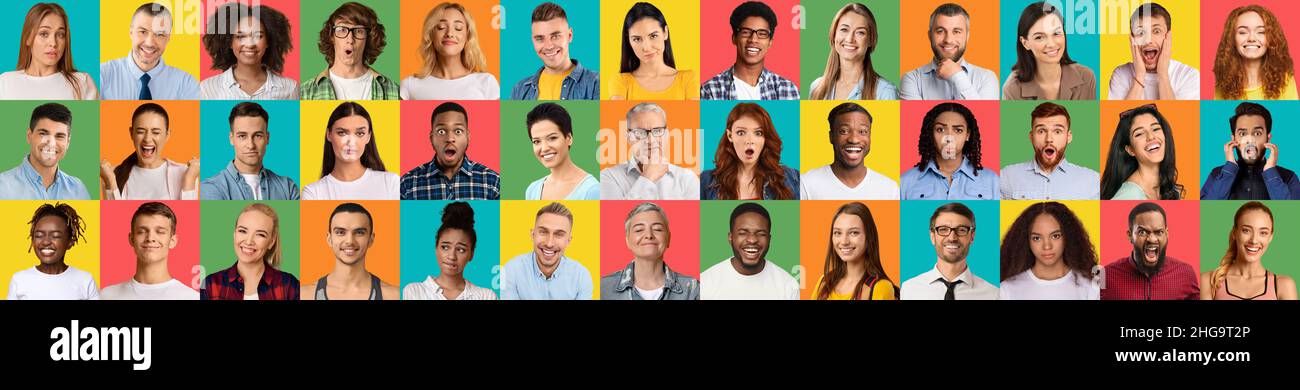 Panorama of diverse multicultural people expressing different emotions ...