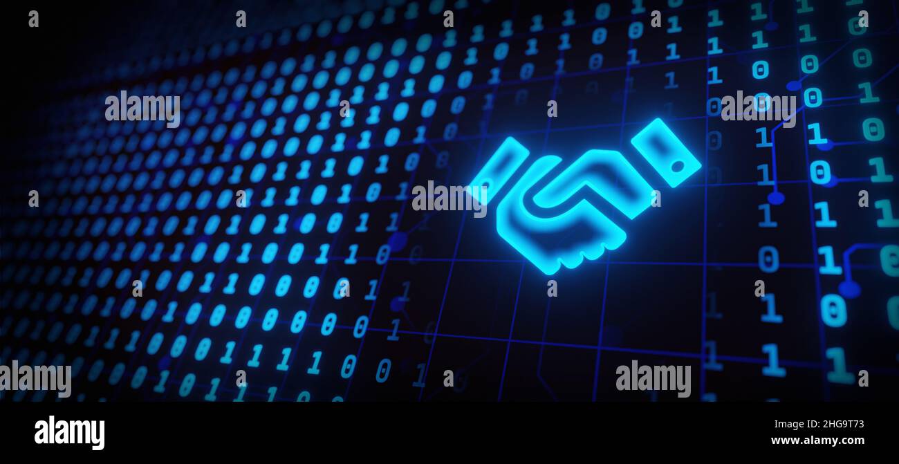 shaking hand with digital partners hand on futuristic digital ...
