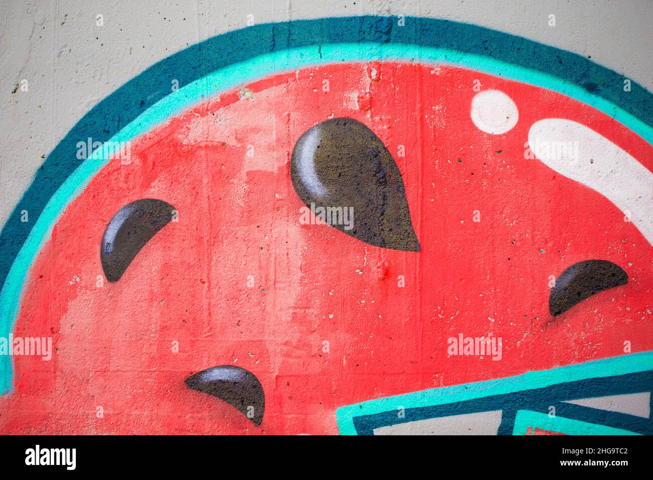 Fragments of a watermelon painted on the wall. The wall is painted with ...