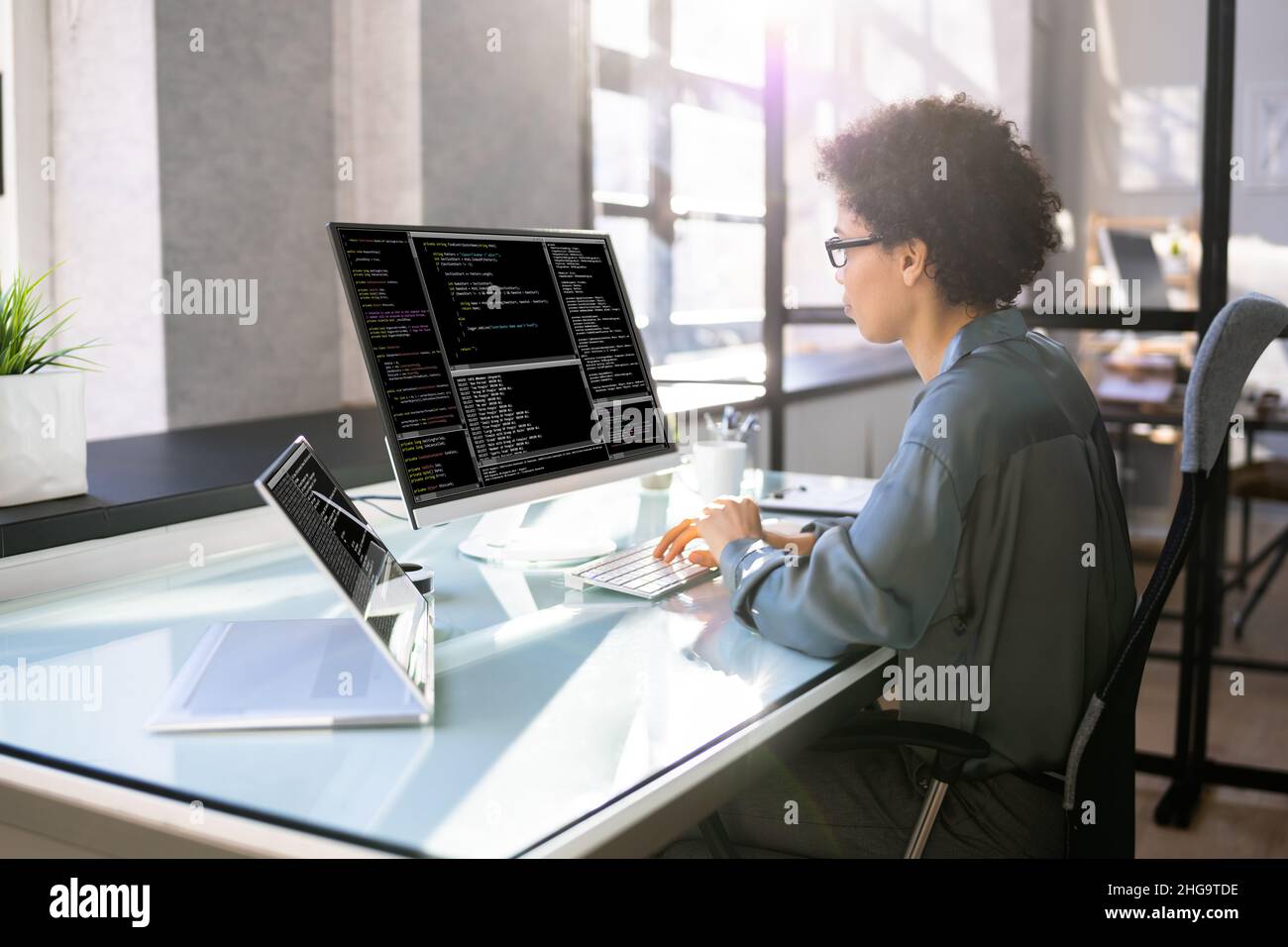 Female Web Programmer Coding On Computer. Software Development Stock ...