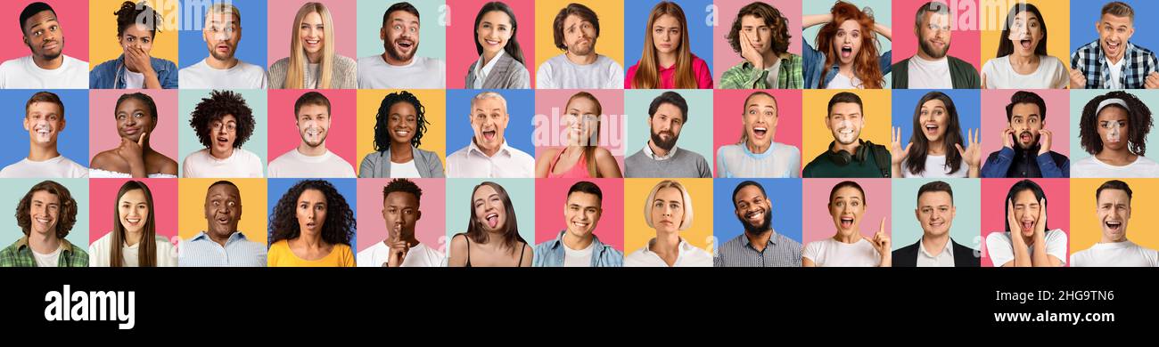 Set of diverse real people portraits expressing various emotions at ...