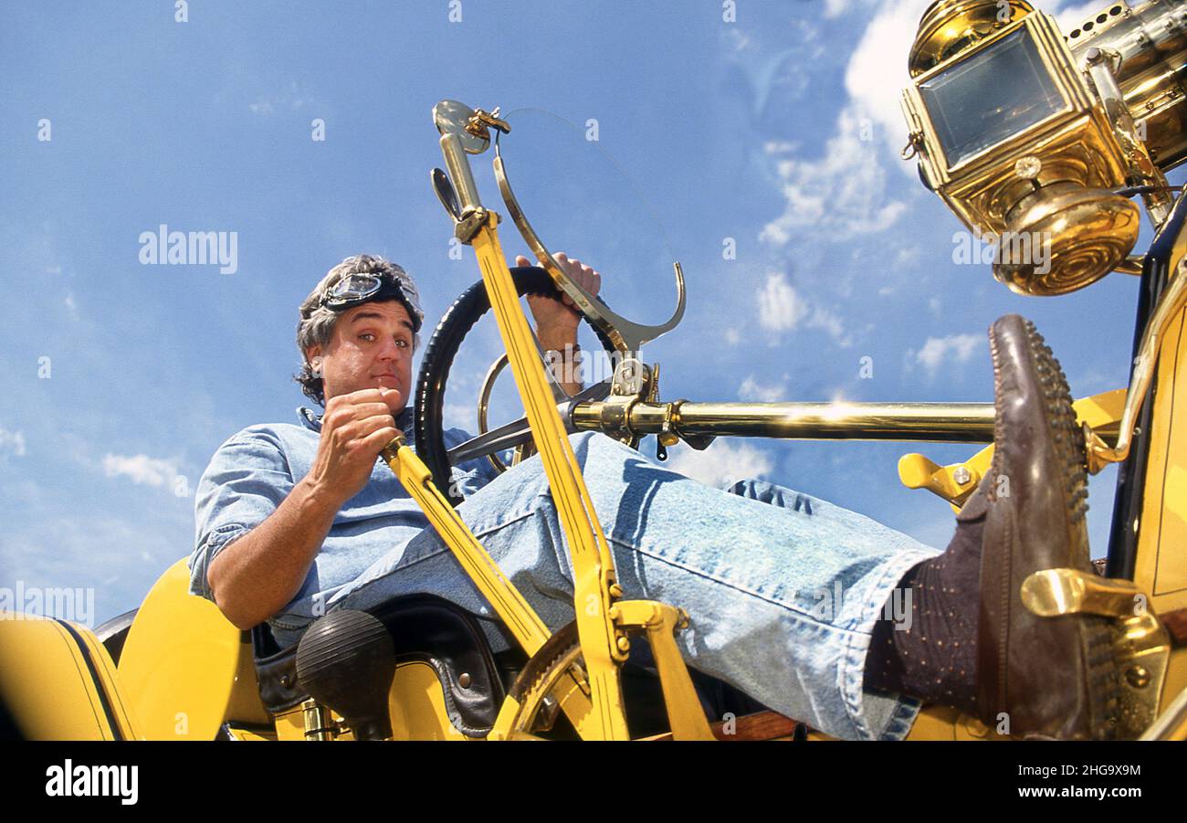 American comedian Jay Leno with his Mercer Runabout vintage car in ...
