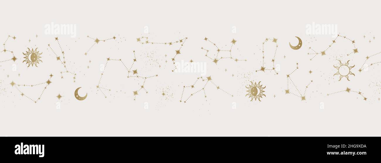 Trendy astrology seamless pattern, zodiac background hand drawn, stars ...