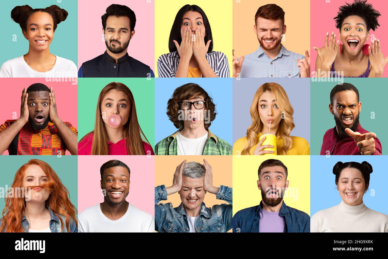 Collage of diverse people expressing different emotions on colorful backgrounds Stock Photo - Alamy