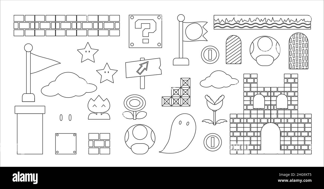 Vector flat birthday invitation with super mario. Doodle-style ...