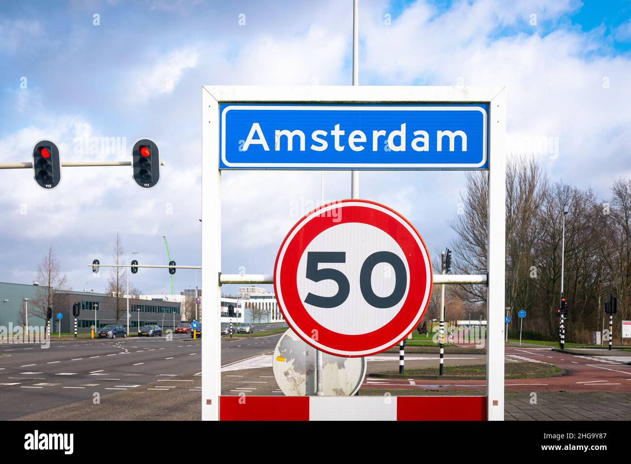 Location sign of the city of Amsterdam, The Netherlands. Sign below ...