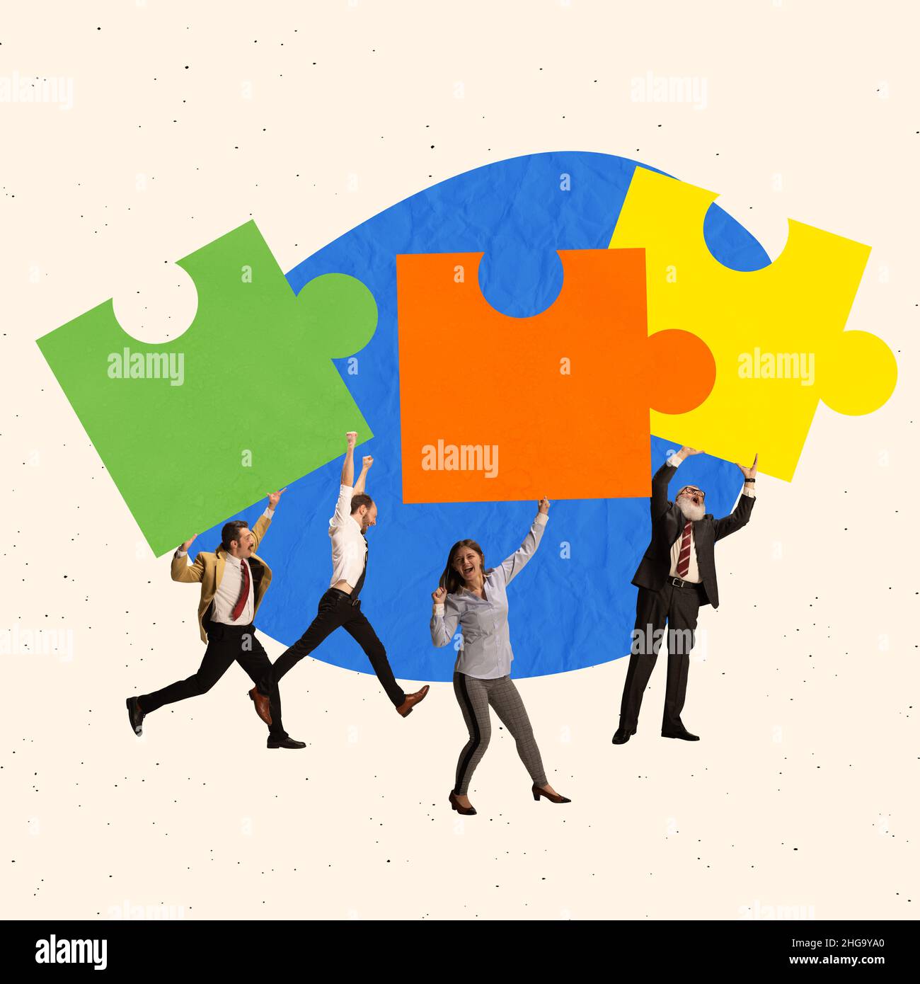 Contemporary art collage. Team, office workers connecting puzzles ...