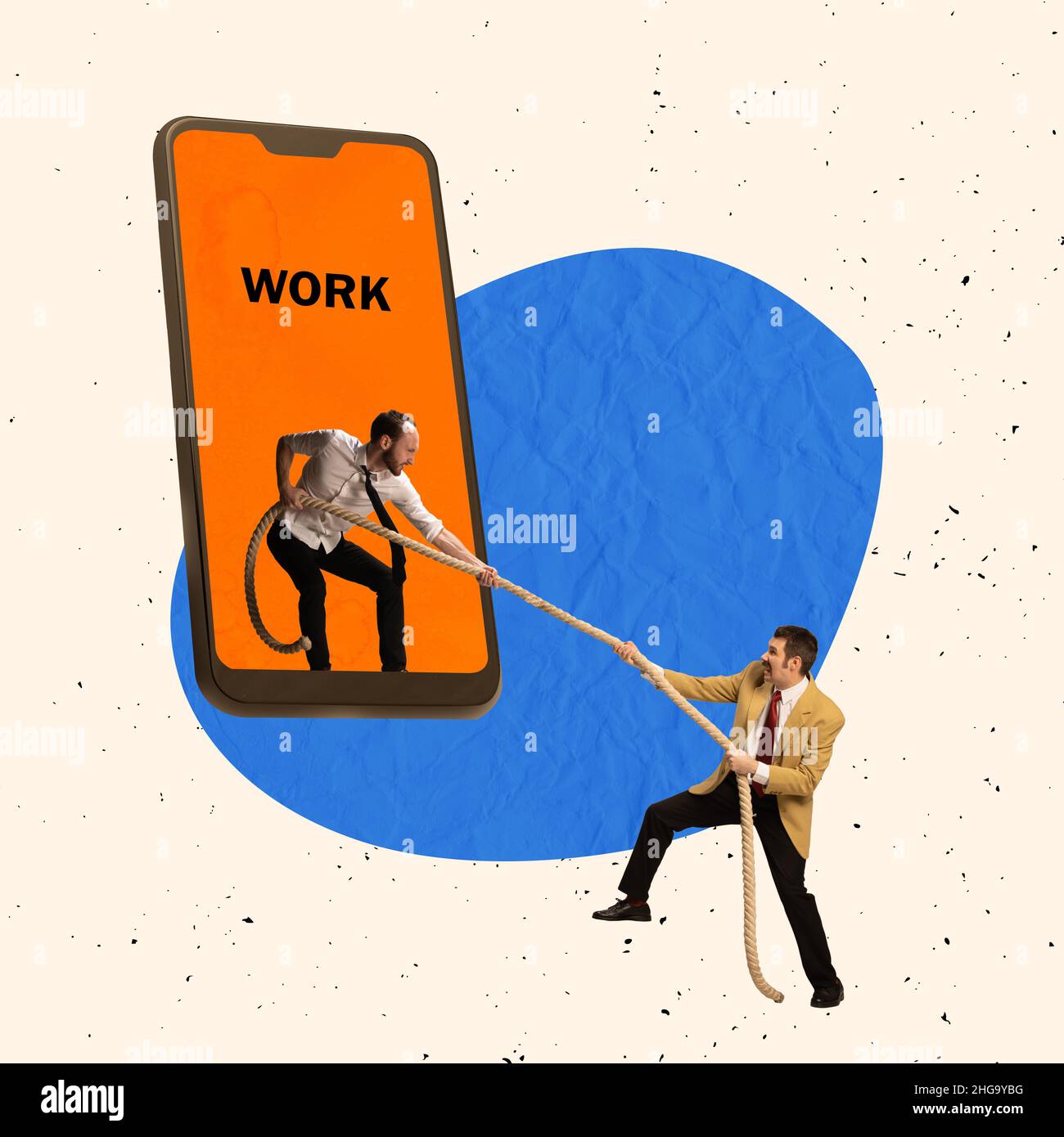 Contemporary art collage. Man from device screen pulling the rope with ...