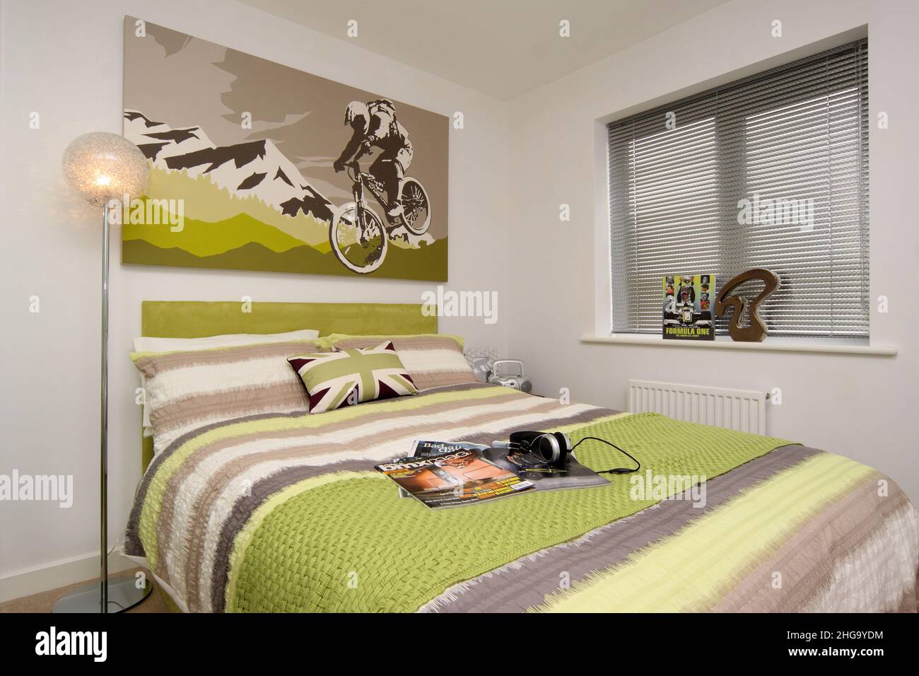 Boys bedroom scene, BMX bike theme, wall poster,bed, venetian blind ...