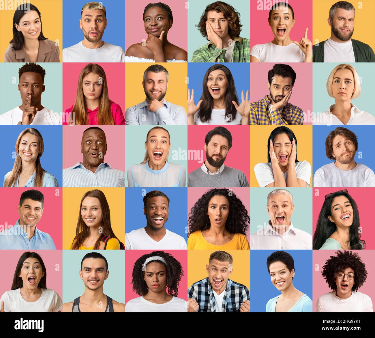 Mosaic of multiracial people showing different feelings and emotions on colorful studio ...