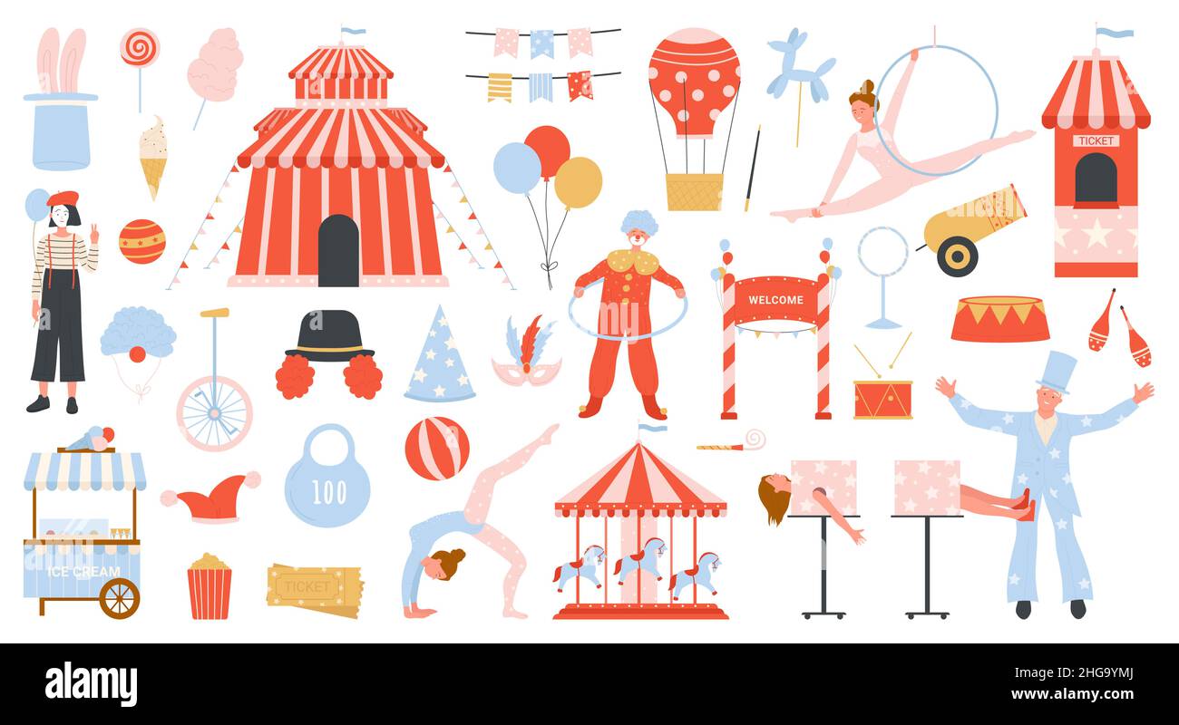 Circus show set vector illustration. Cartoon retro circus collection ...