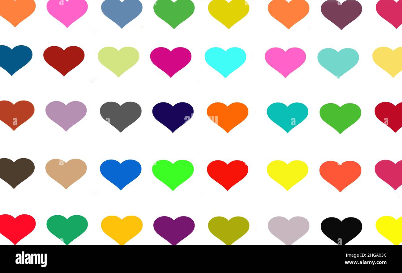 Colorful filled hearts repeated on white background, flat illustration ...