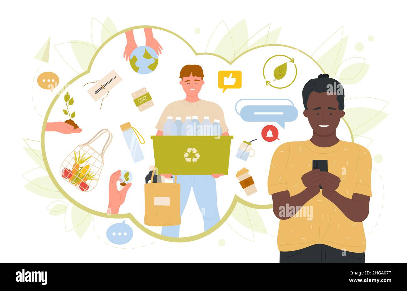 Zero waste vector illustration. Cartoon man with mobile phone shopping ...