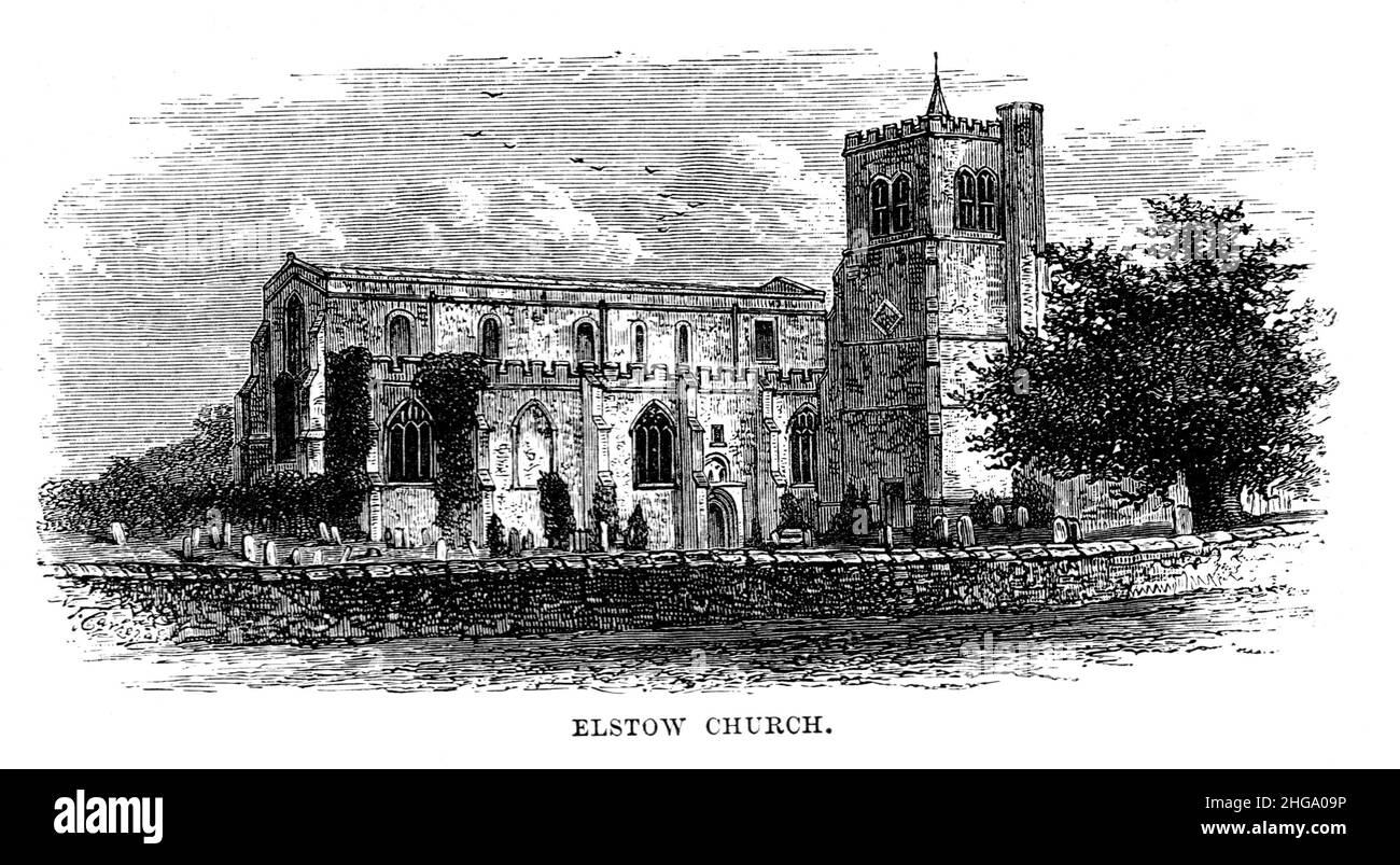 Black and White Illustration; Elstow Abbey Church, Church of St Mary ...