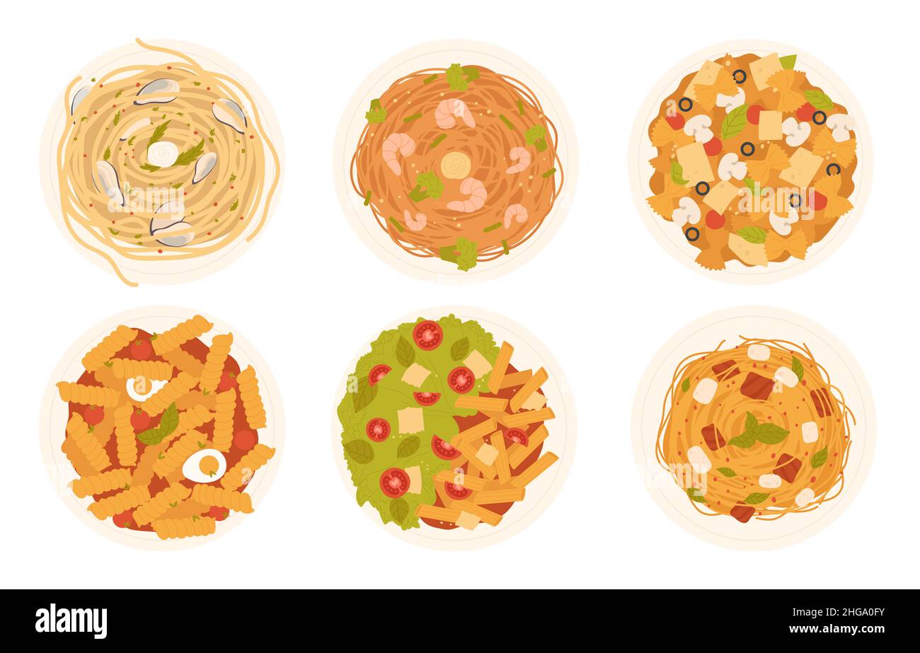 Pasta salad set, top view vector illustration. Cartoon food on plate ...
