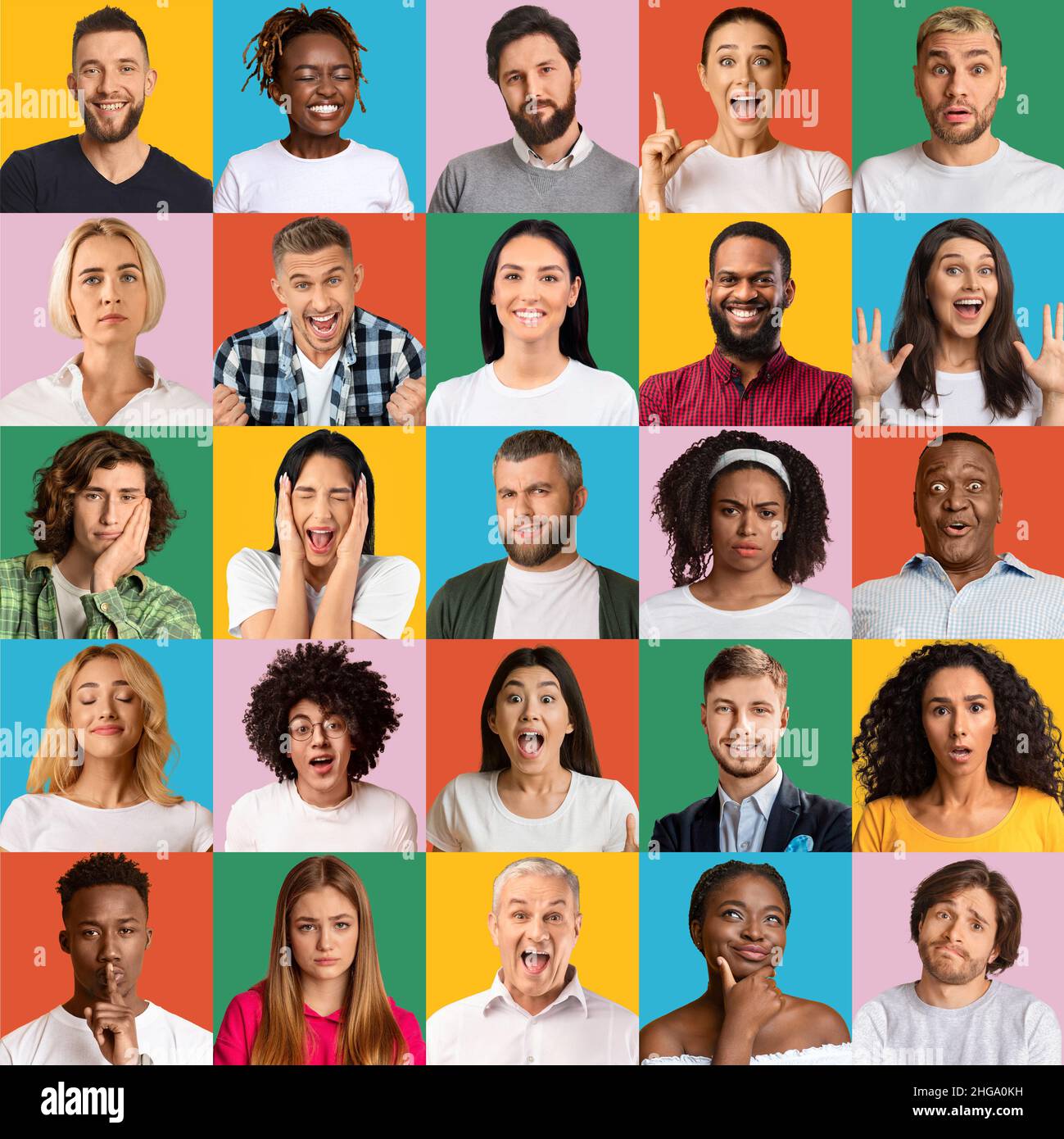 Human emotions collage. Mosaic of male and female portraits on various ...