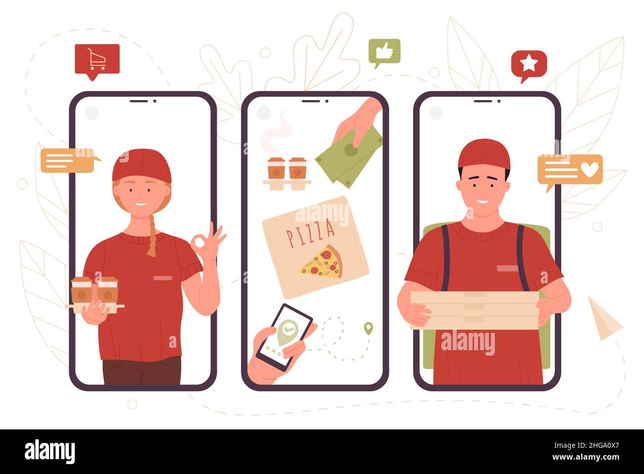 Food delivery service on screens of mobile phones vector illustration ...