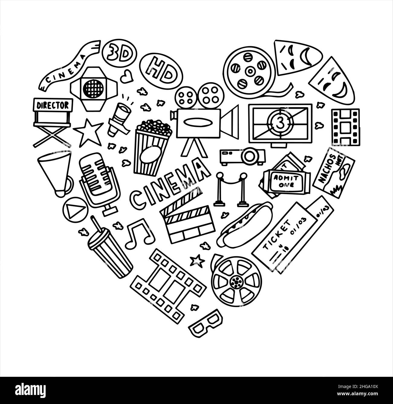 Cinema, TV Shows, Series and Movies Funny Doodle Vector set. Hand drawn ...