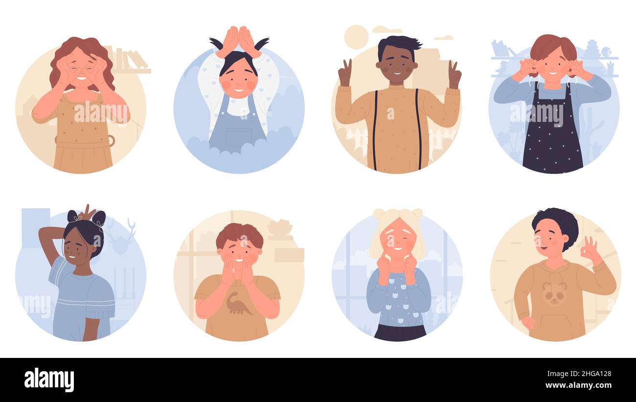 Fun face expressions of funny boy and girl in round avatar set vector ...