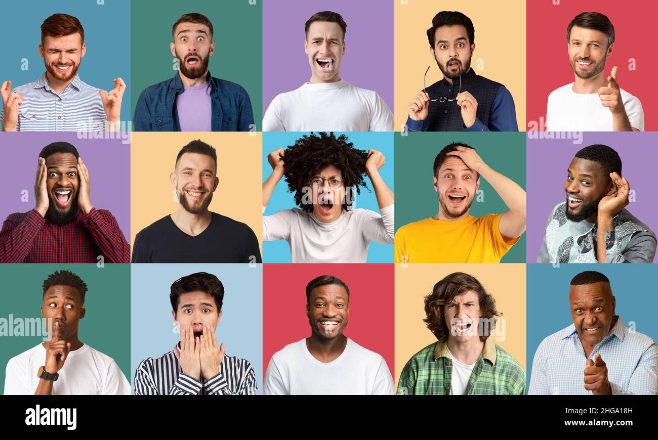 Collage of diverse guys expressing different emotions on colorful ...