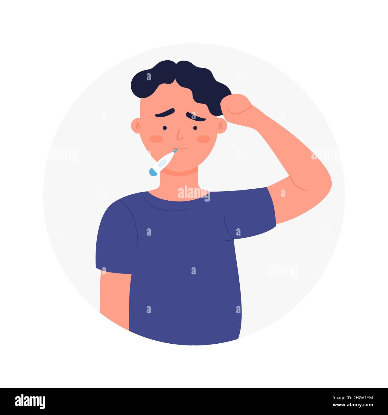 Sad scared boy suffering high body fever. Health disease condition ...