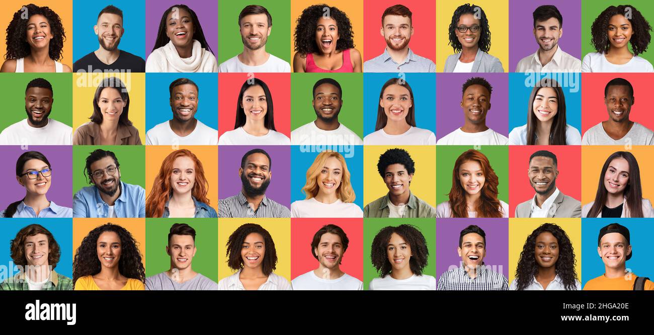 Joyful millennials emotions collage. Smiling multiracial young people ...