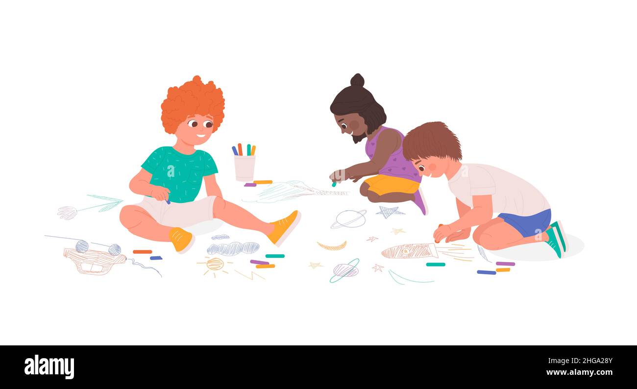 Group of happy children drawing with chalk on walkside. Outdoor awesome ...