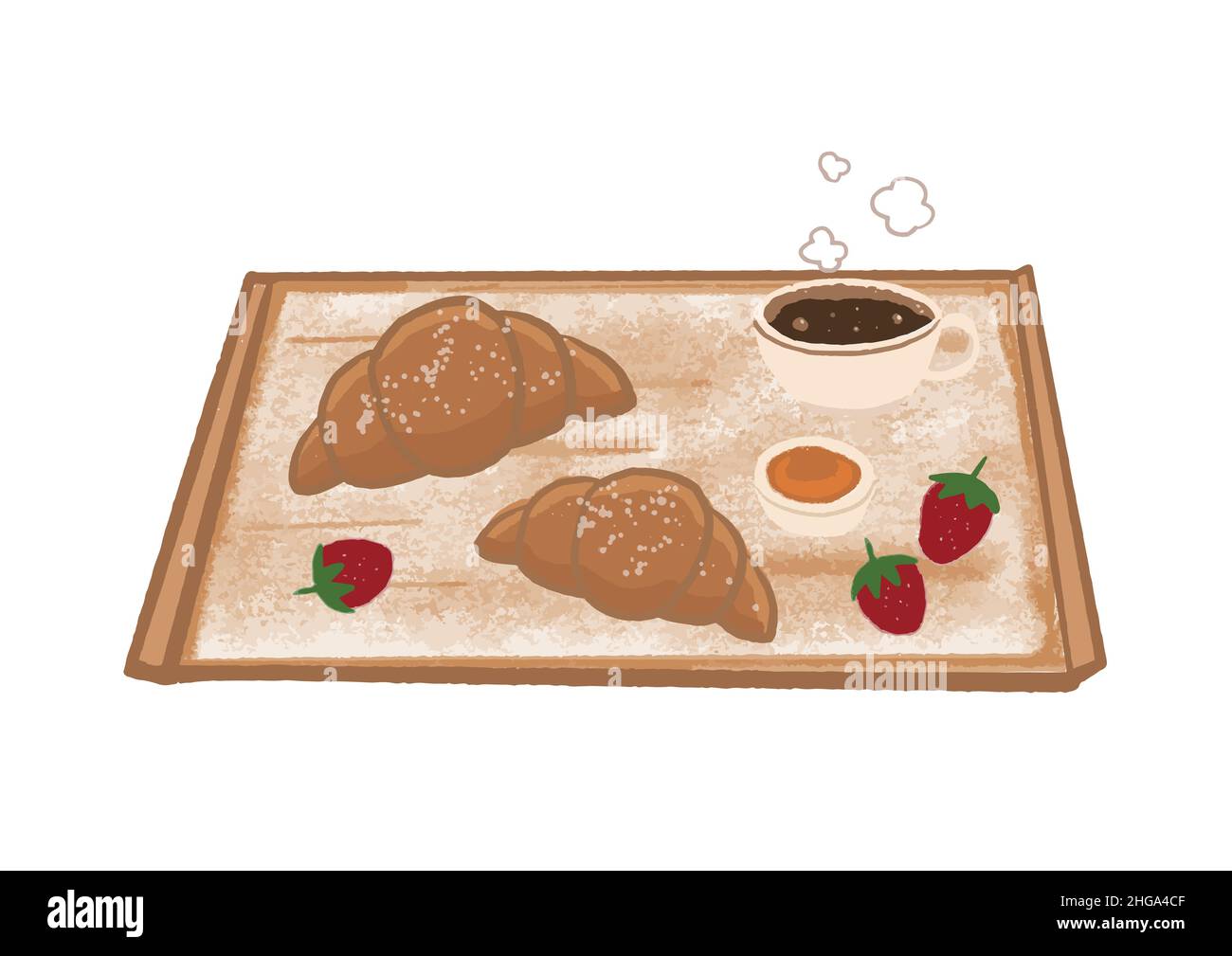 Illustration of two croissants with a cup of coffee and strawberries Stock Vector Image & Art ...