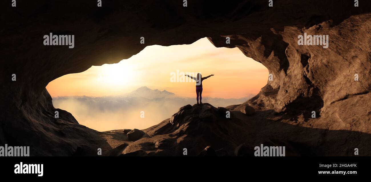 Dramatic Adventurous Scene with Woman standing inside a Rocky Cave ...