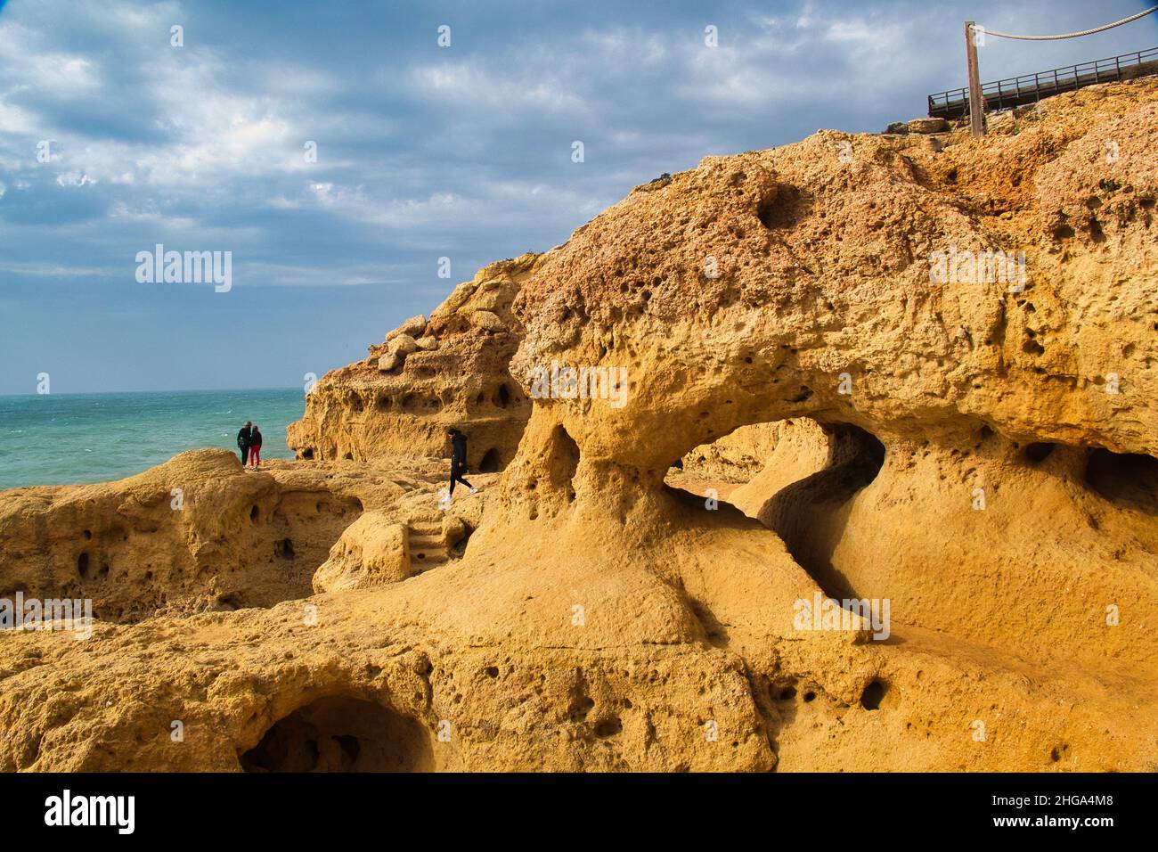 Walking track through the limestone cliffs of Cavoeiro, Algarve, Algar ...