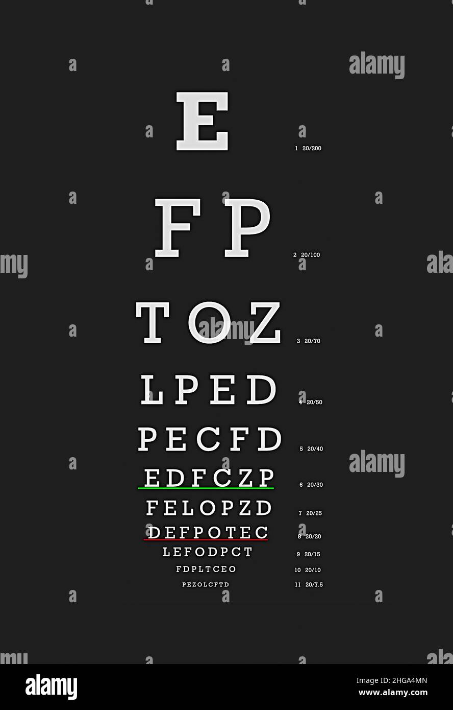 Table for checking visual acuity. White English letters on a black ...