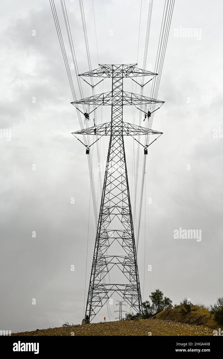 Installation and assembly of high-rise electrical towers Stock Photo ...