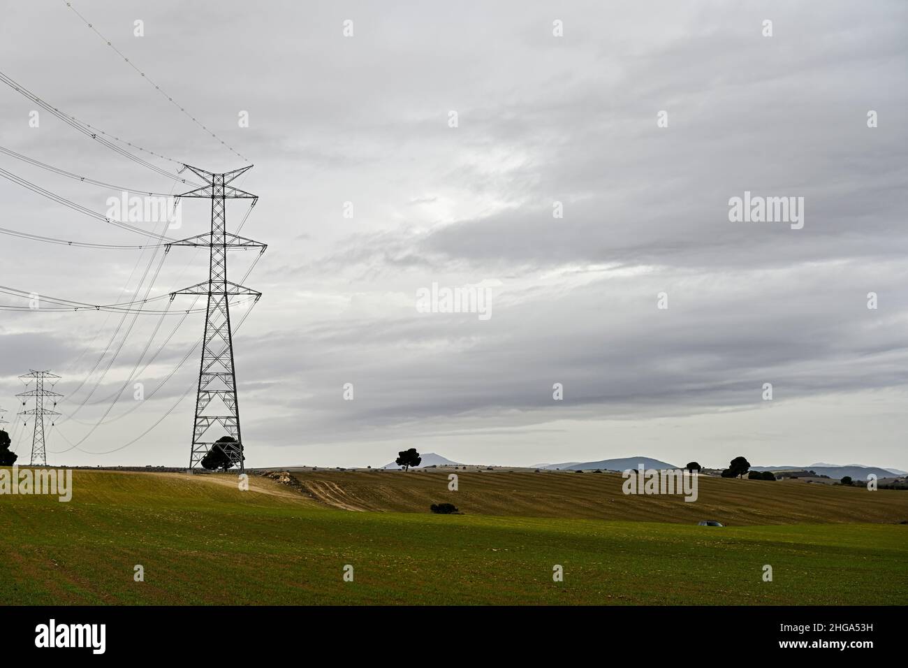 Installation and assembly of high-rise electrical towers Stock Photo ...