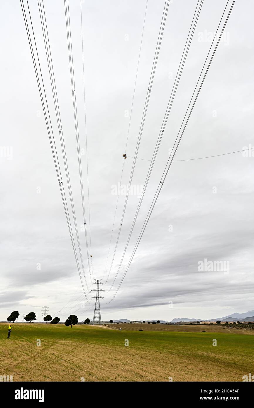 Installation and assembly of high-rise electrical towers Stock Photo ...