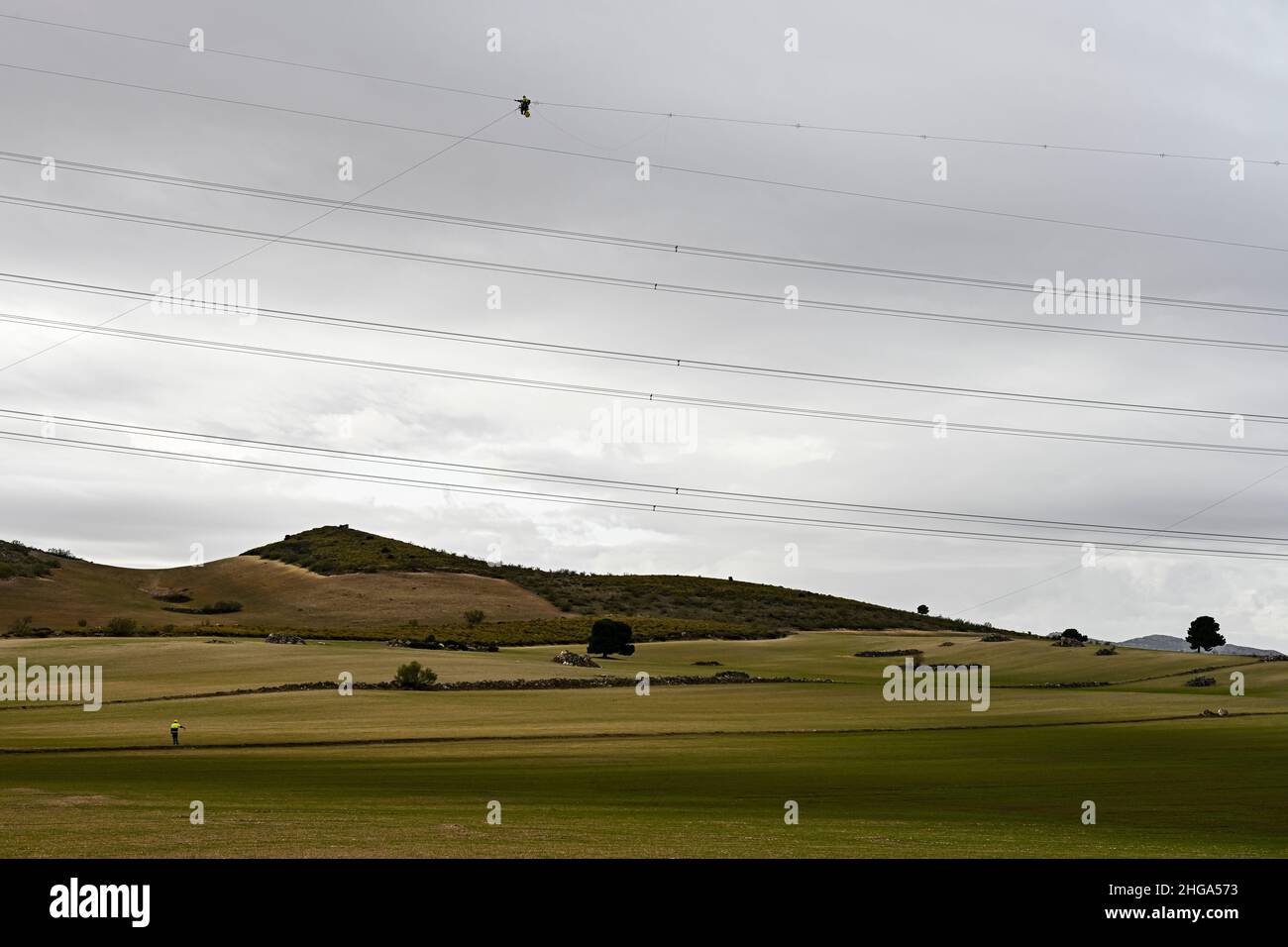 Installation and assembly of high-rise electrical towers Stock Photo ...
