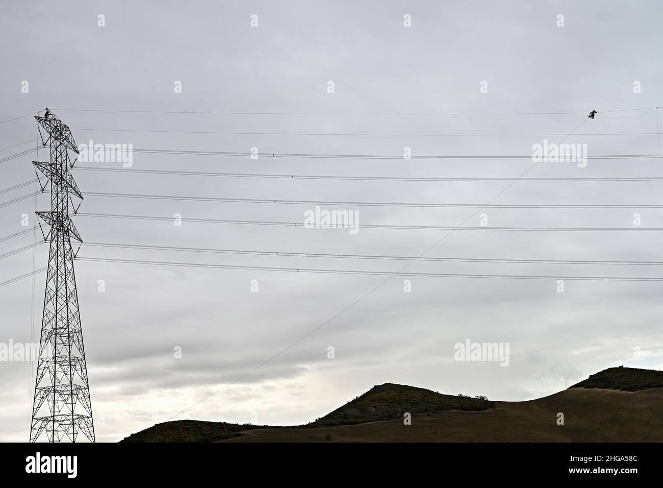 Installation and assembly of high-rise electrical towers Stock Photo ...