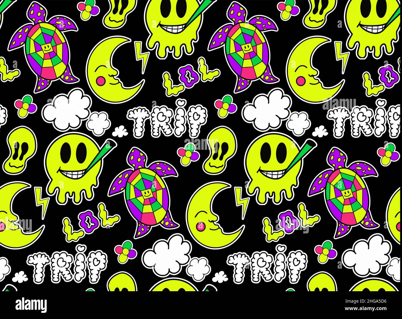 Psychedelic neon trip seamless pattern. Retro 70s groovy repeating ...