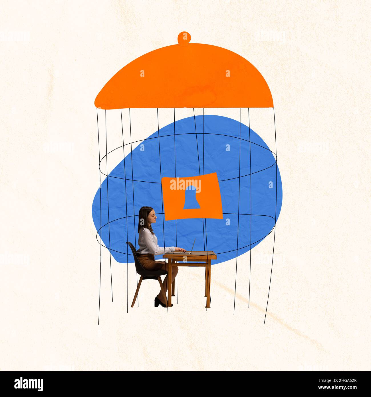 Contemporary art collage. Young woman, employee working on laptop ...