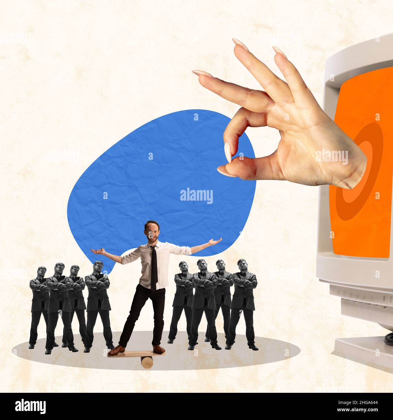 Contemporary art collage. Cheerful employee balancing, beeing hired ...