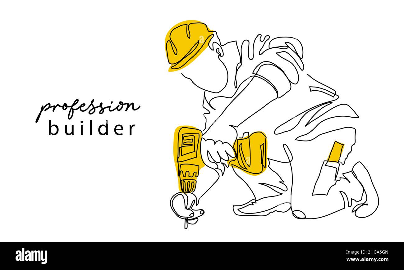 Builder man holding yellow drill and wearing helmet. One continuous ...