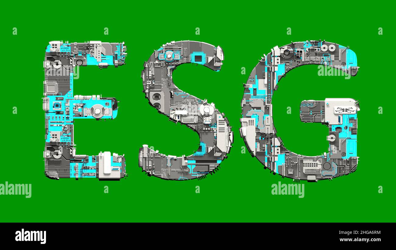 ESG blue and grey metal text in cyber punk style, isolated - object 3D ...