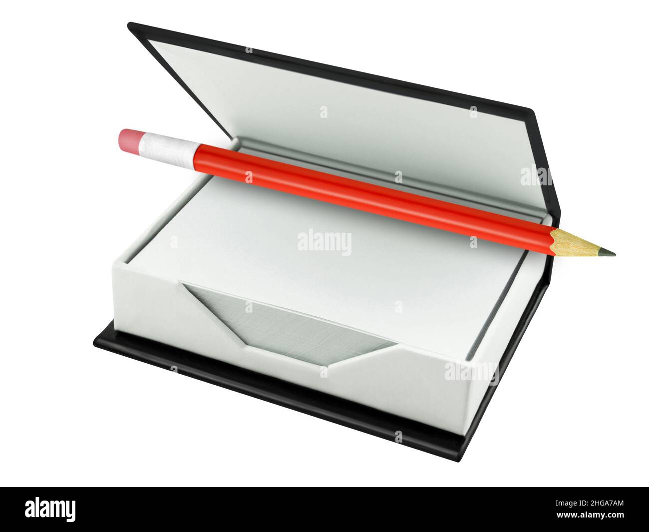 Notepads in a black box and red lead pencil isolated against white ...