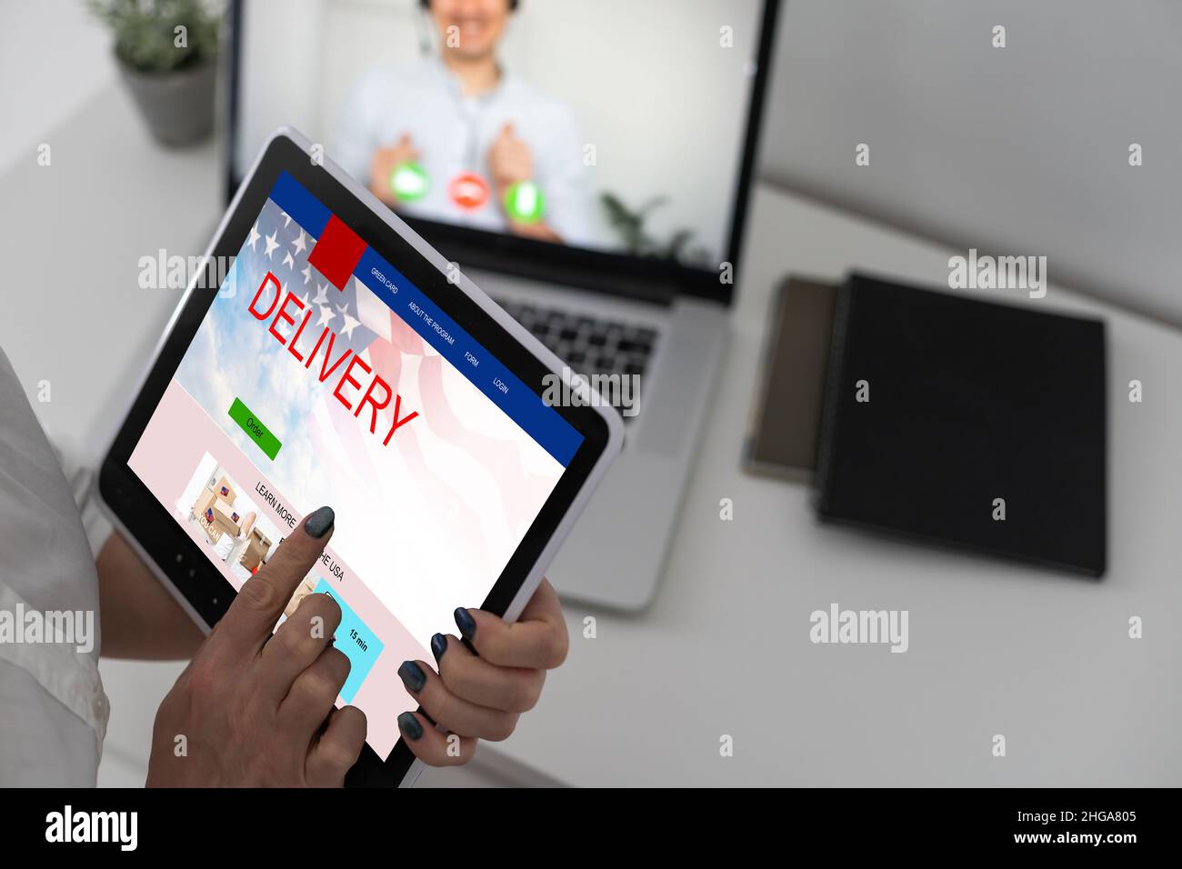 delivery icon on laptop keyboard. Online shopping, ecommerce and retail ...