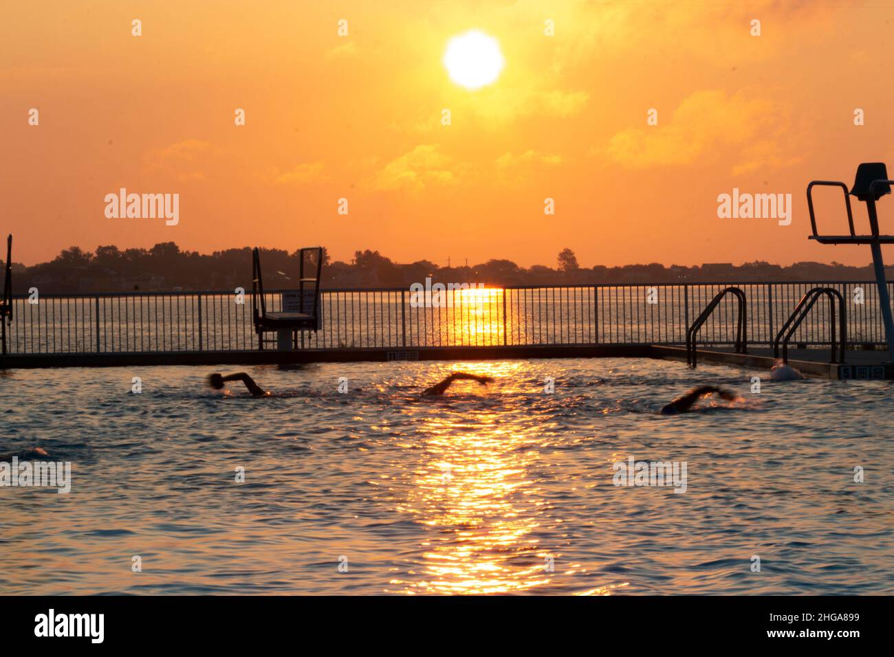 A group of triathlon swimmers are swimming in a pool by the bay during ...