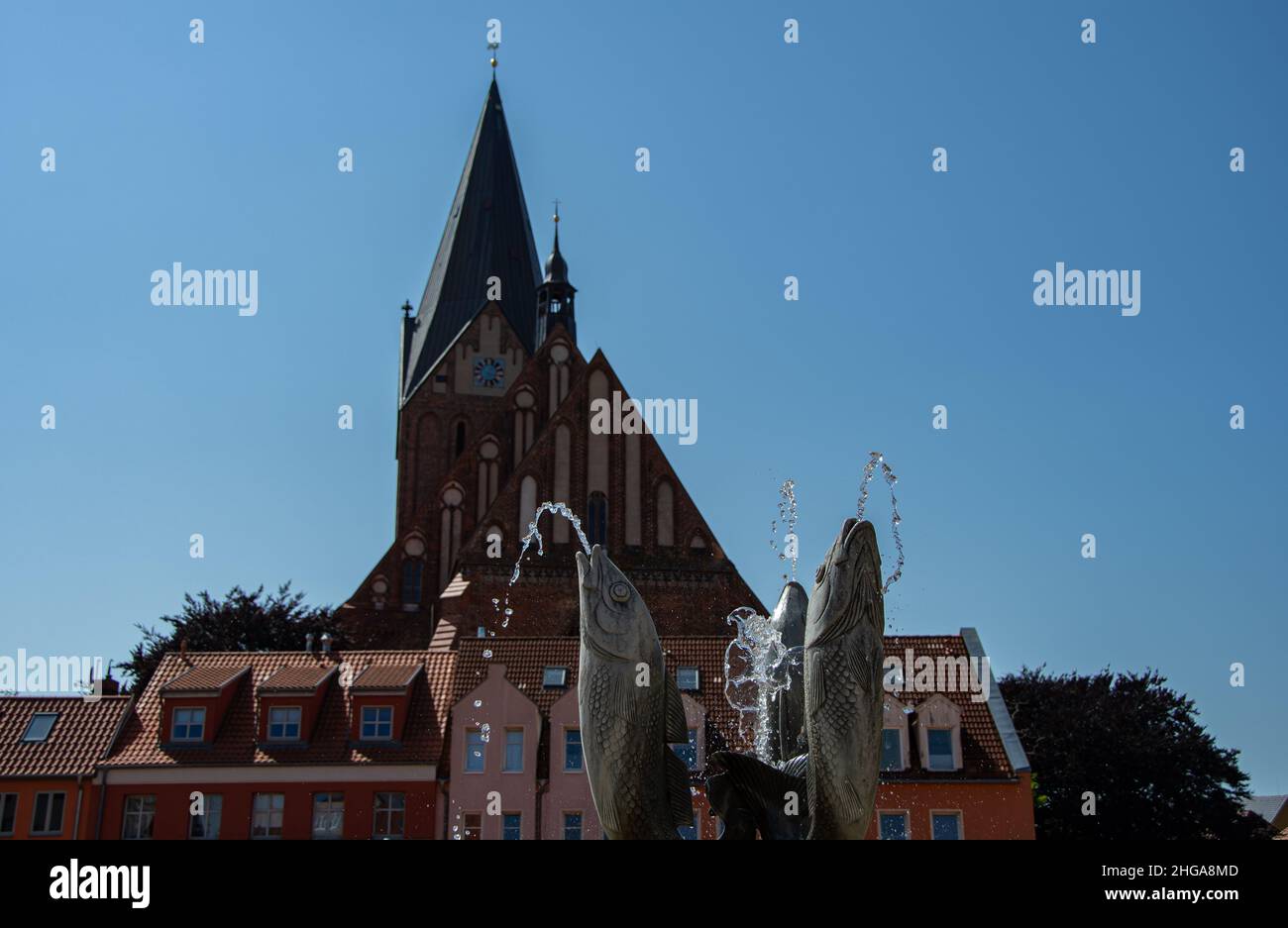 Barth, Germany 21 June 2021, Historic Barth fountain with St. Mary's ...