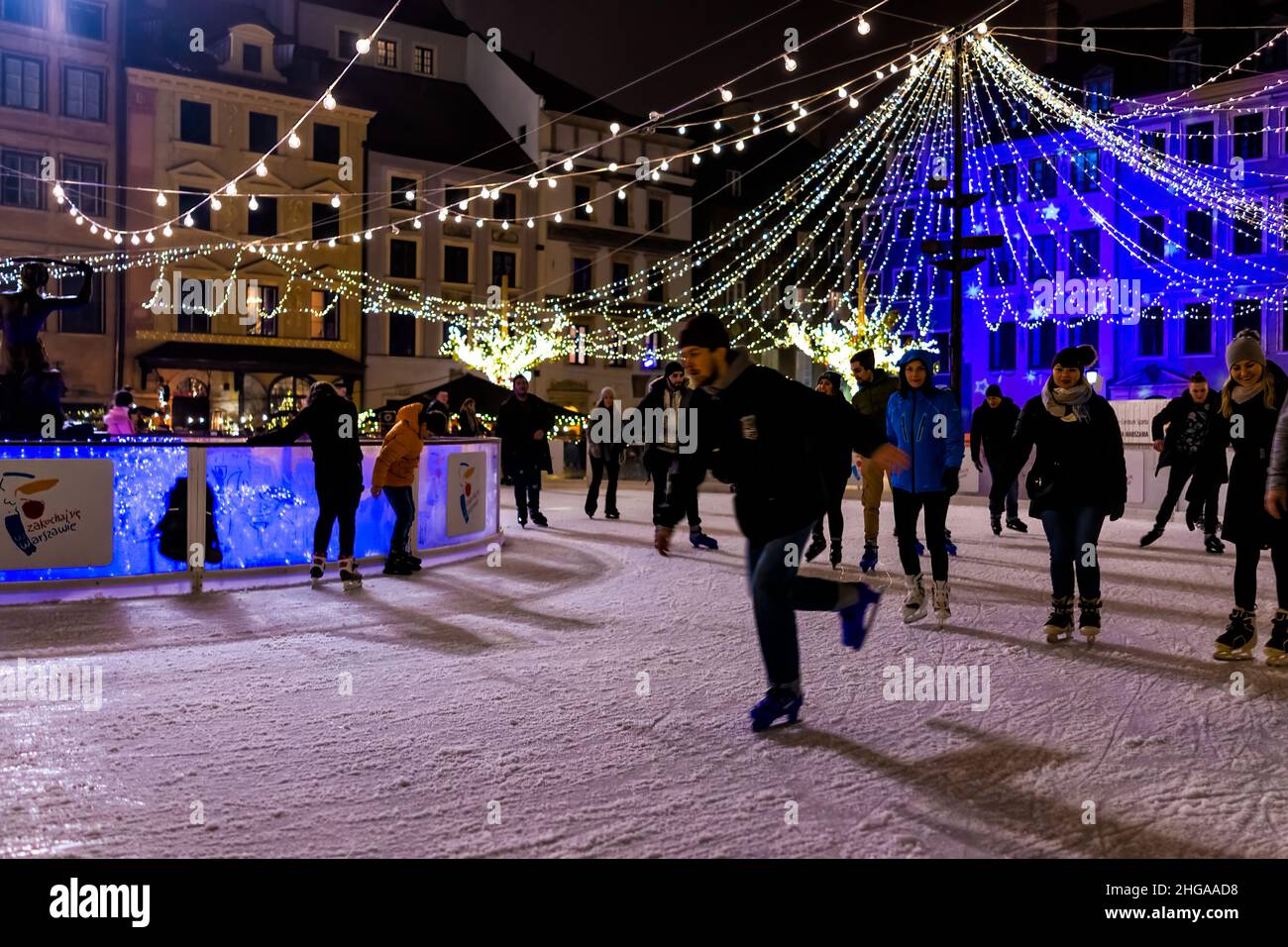 Warsaw, Poland - December 19, 2019: Old town market square rynek people ...