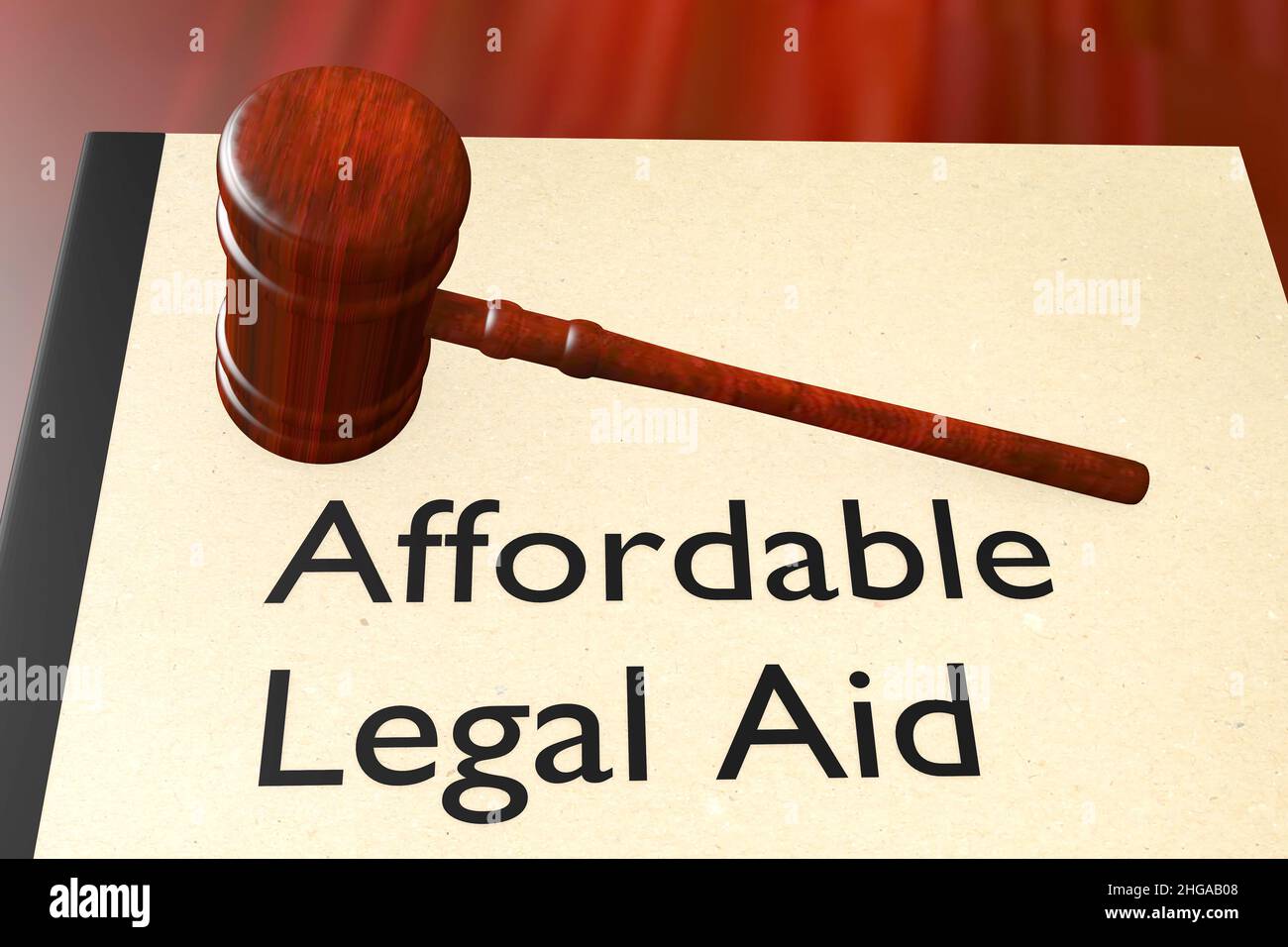 3D illustration of a judge gavel and Affordable Legal Aid title on ...