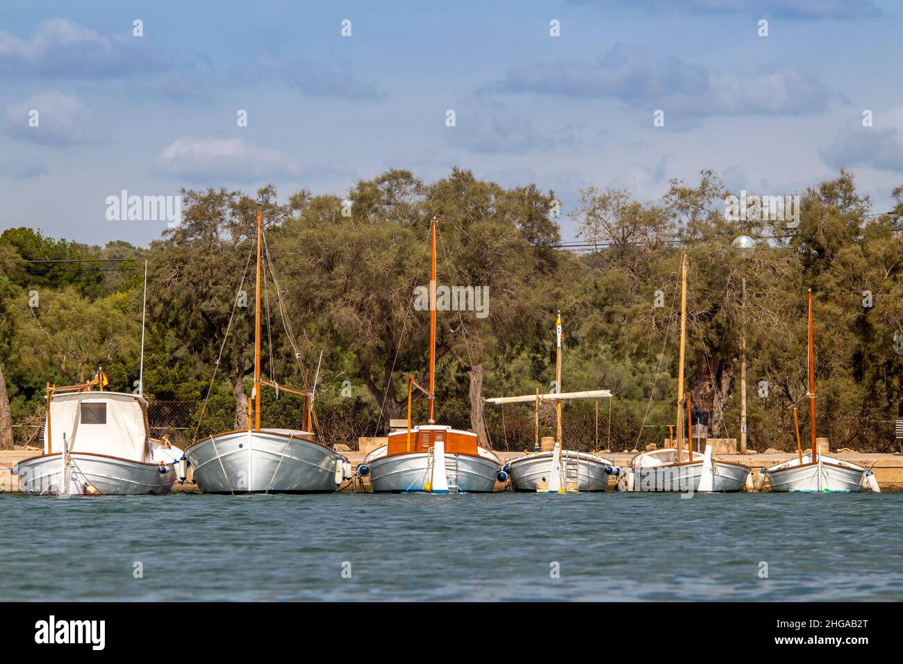 Traditional llaut boats in Portocolom or Porto Colom, Majorca, Mallorca ...