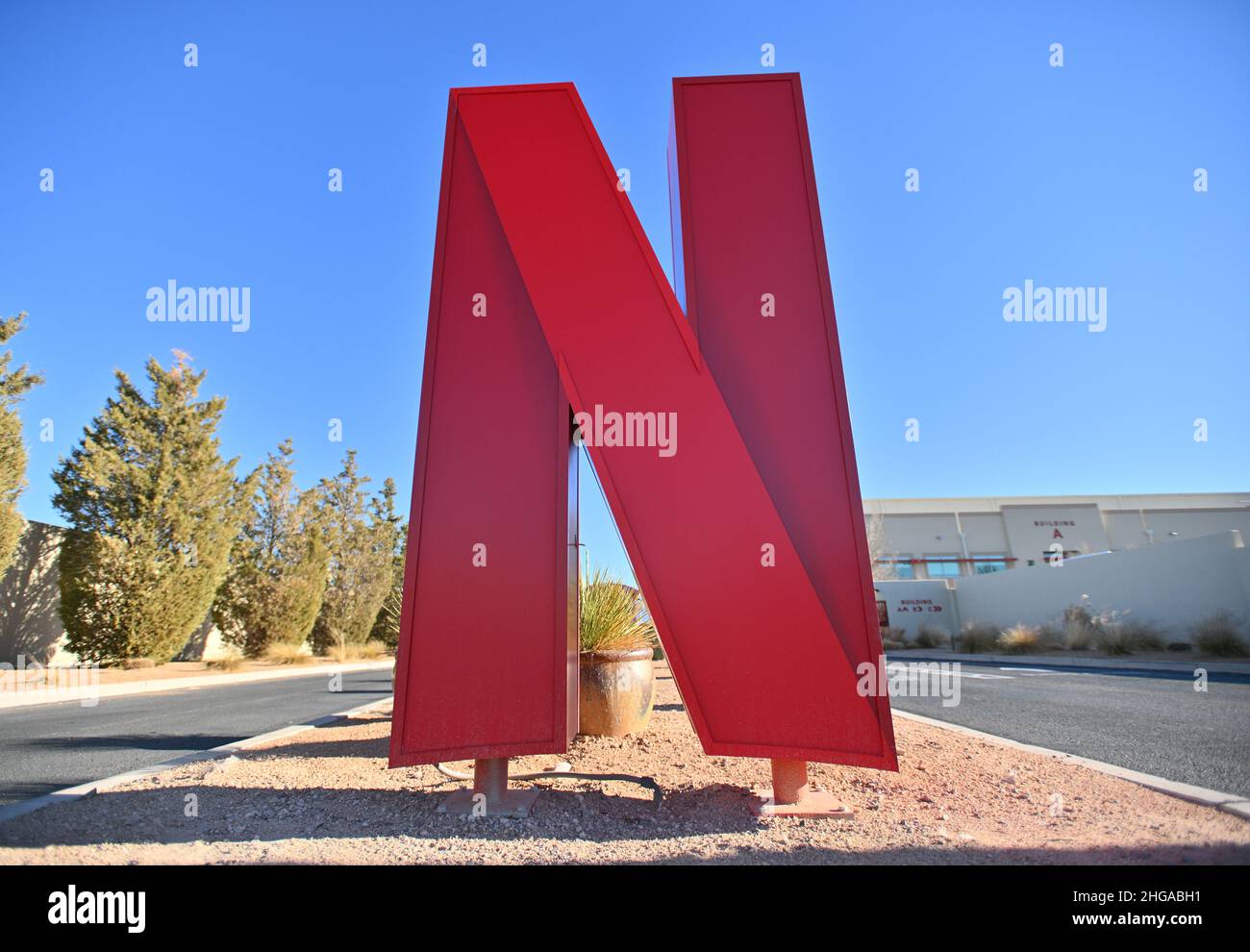 The Netflix logo is displayed at the entrance to Netflix Studios North ...