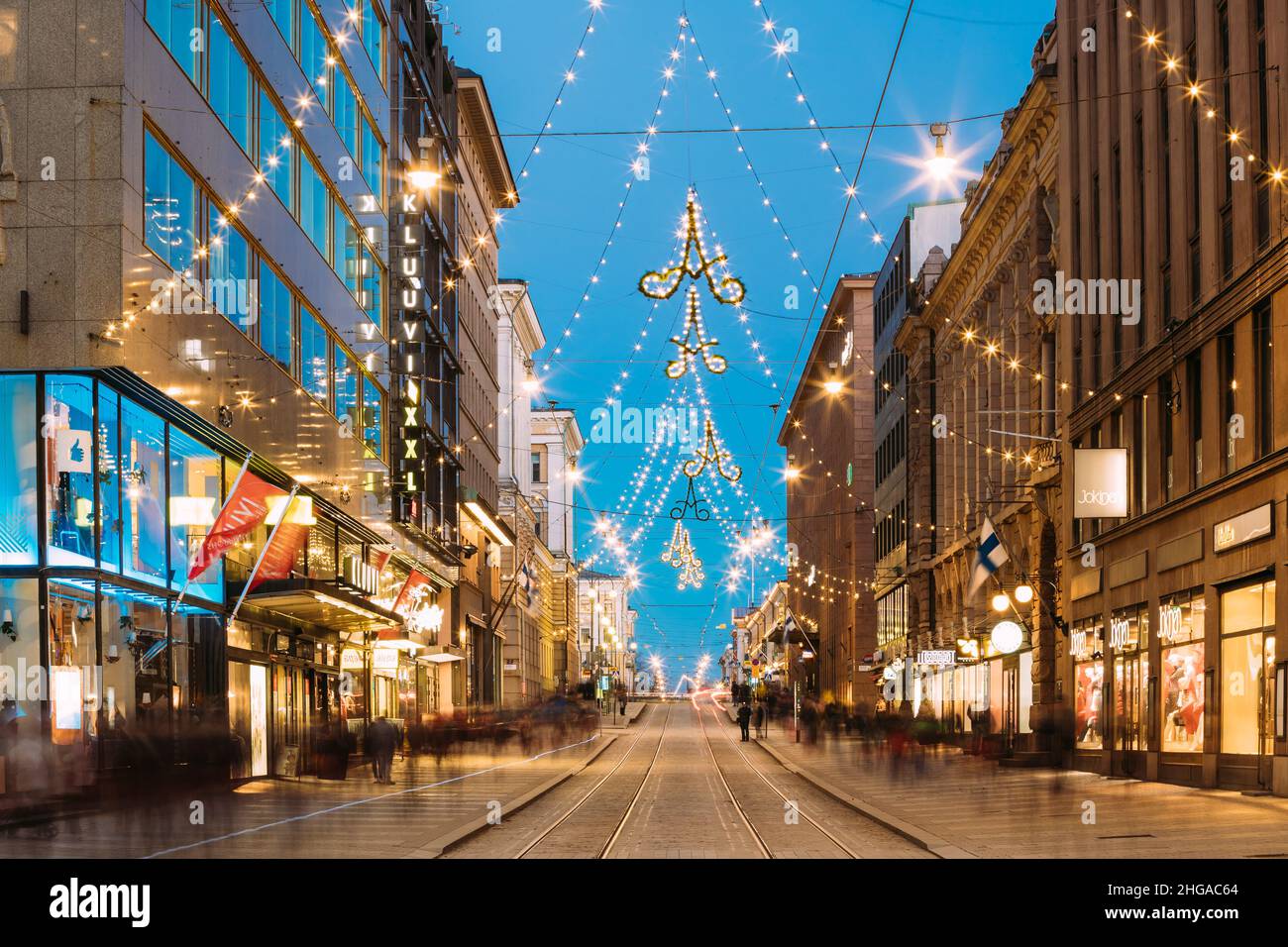 Helsinki, Finland. Night View Of Aleksanterinkatu Street With Railroad ...